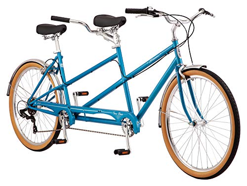 Schwinn Twinn Classic Tandem Adult Beach Cruiser Bike, Double Seater, Low Step Steel Frame, 7-Speed, 650c Urban Tires, Alloy Caliper Brakes, Medium Frame, Blue