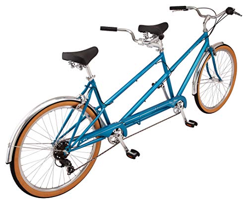 Schwinn Twinn Classic Tandem Adult Beach Cruiser Bike, Double Seater, Low Step Steel Frame, 7-Speed, 650c Urban Tires, Alloy Caliper Brakes, Medium Frame, Blue