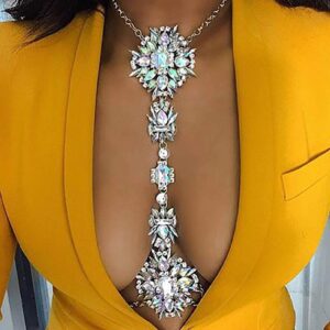 elabest boho rhinestone statement chest chain crystal necklace body chain summer beach body jewelry accessories for women (ab colorful)