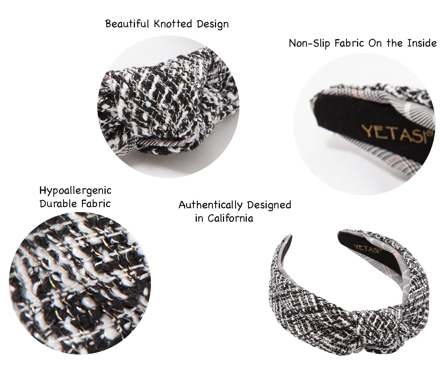 YETASI Black Knotted Headband for Women with Hints of White Threading is Unique. Tweed White Black Headbands for Women Top Knot