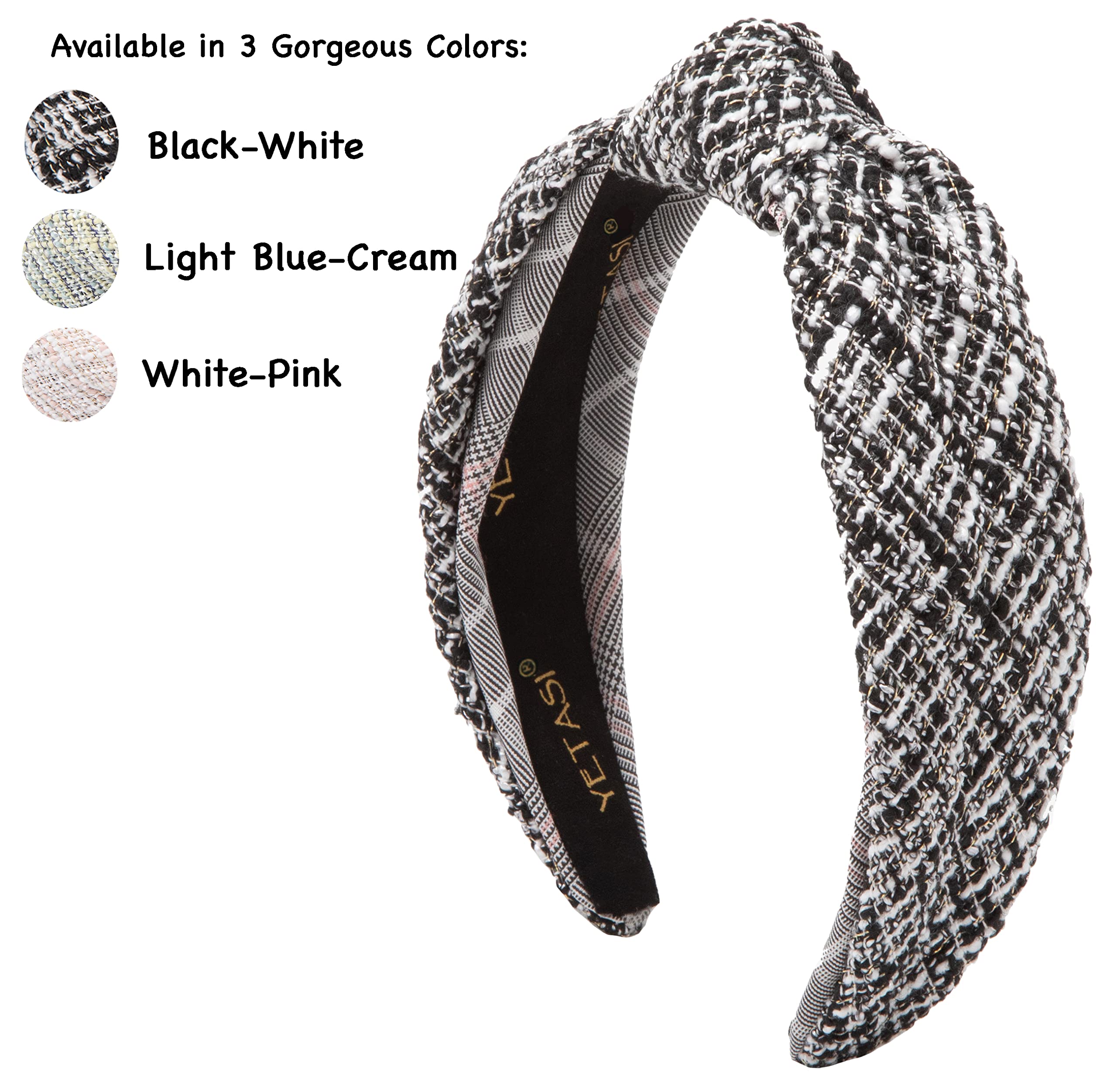 YETASI Black Knotted Headband for Women with Hints of White Threading is Unique. Tweed White Black Headbands for Women Top Knot