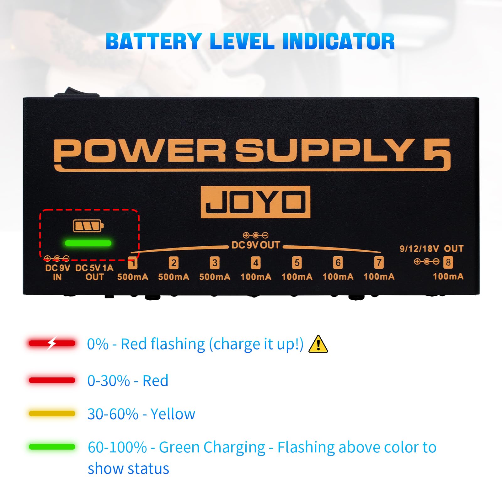 JOYO Built-in 4400mAh Rechargeable Battery Guitar Effect Pedal Power Supply 8 Outputs 9V 12V 18V (100mA, 500mA) Jacks & 5V/1A USB Port (JP-05)