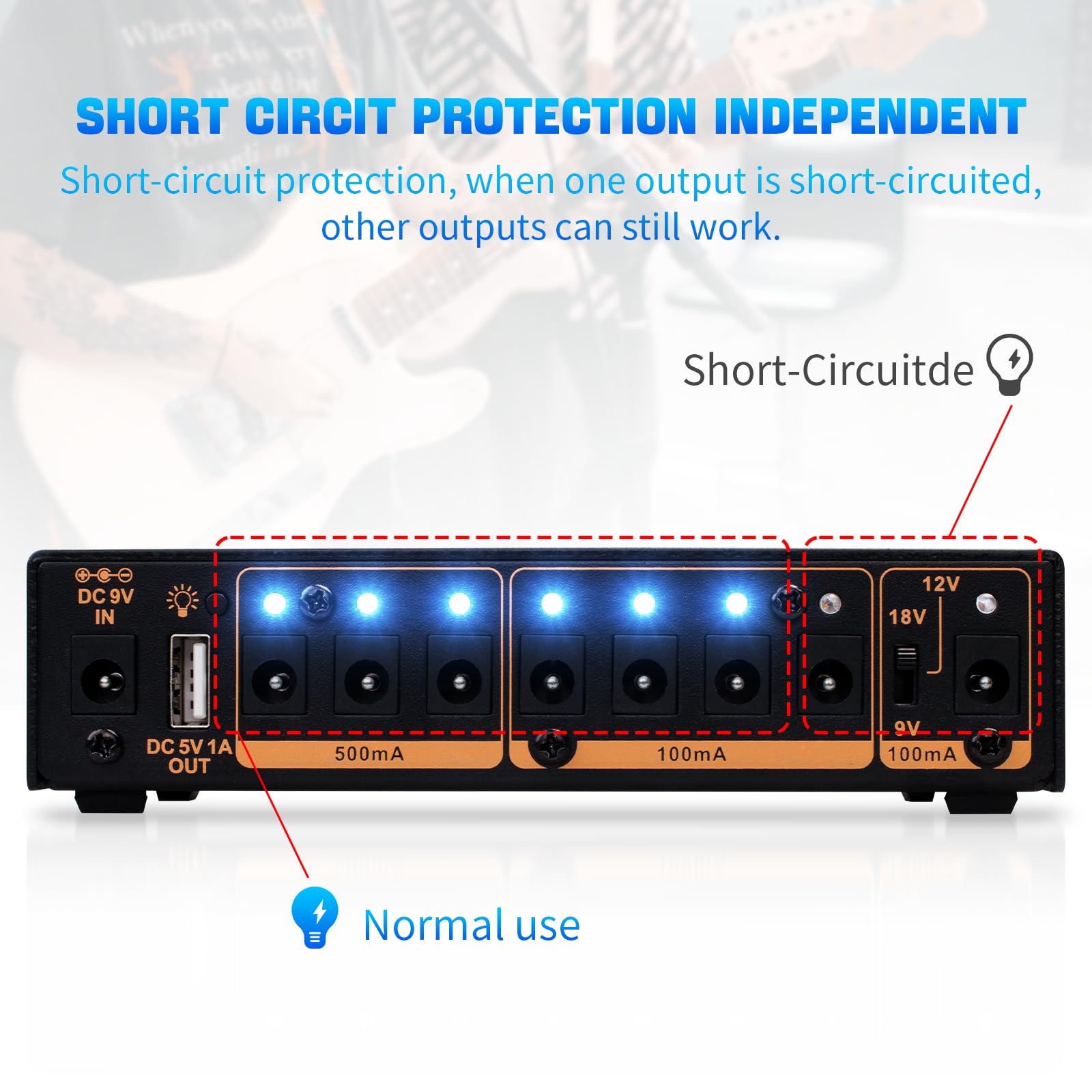 JOYO Built-in 4400mAh Rechargeable Battery Guitar Effect Pedal Power Supply 8 Outputs 9V 12V 18V (100mA, 500mA) Jacks & 5V/1A USB Port (JP-05)