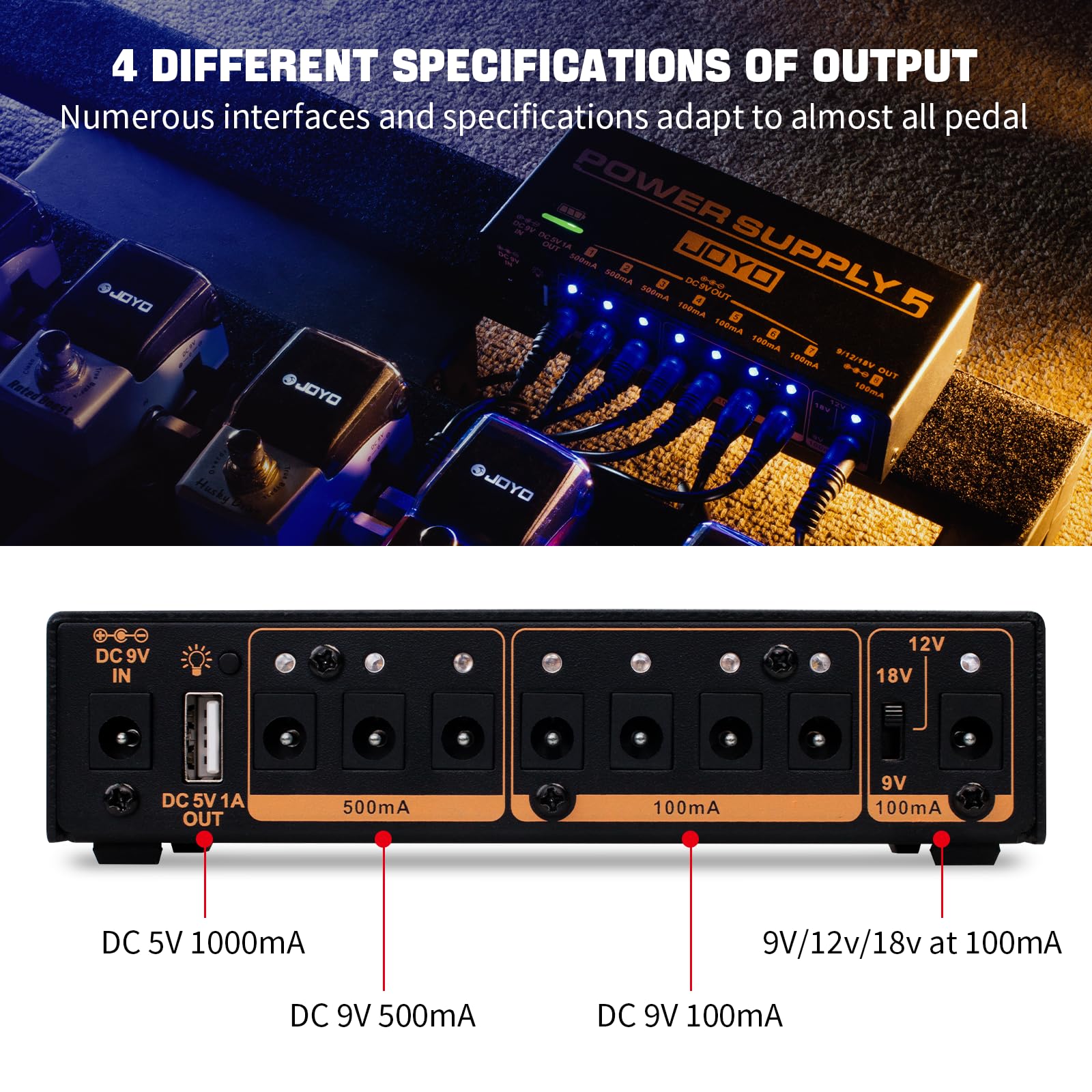 JOYO Built-in 4400mAh Rechargeable Battery Guitar Effect Pedal Power Supply 8 Outputs 9V 12V 18V (100mA, 500mA) Jacks & 5V/1A USB Port (JP-05)