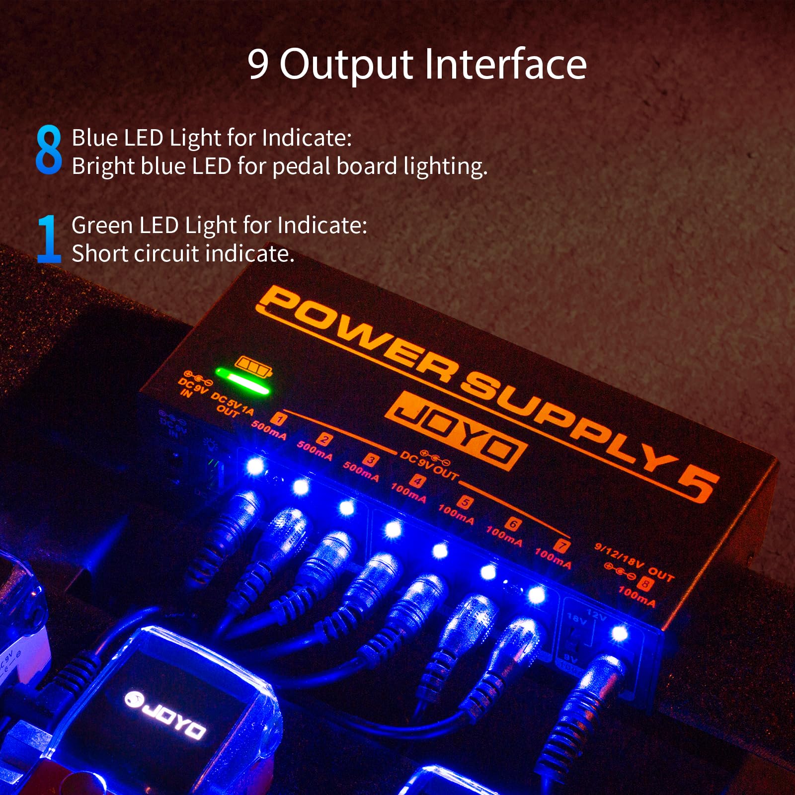 JOYO Built-in 4400mAh Rechargeable Battery Guitar Effect Pedal Power Supply 8 Outputs 9V 12V 18V (100mA, 500mA) Jacks & 5V/1A USB Port (JP-05)