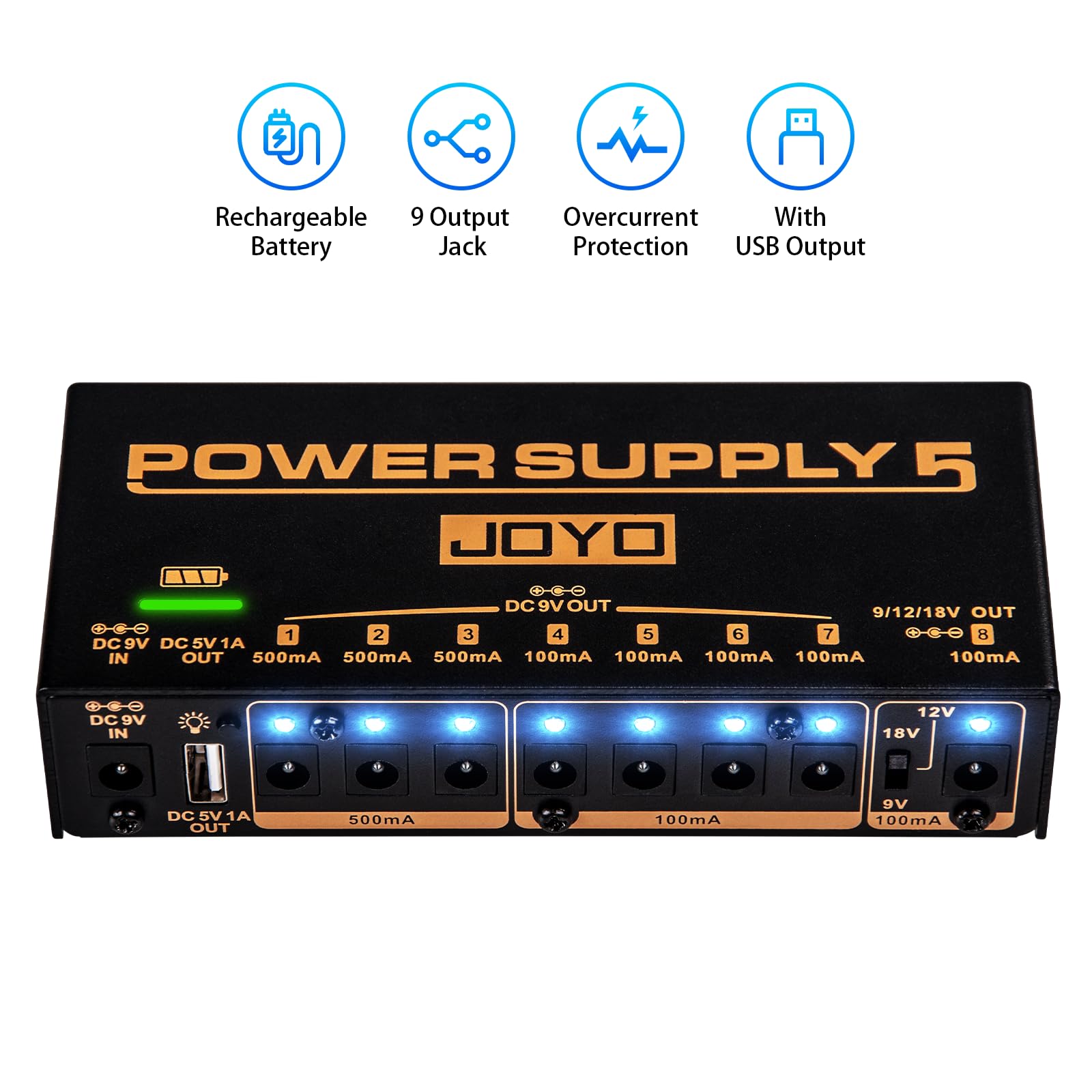 JOYO Built-in 4400mAh Rechargeable Battery Guitar Effect Pedal Power Supply 8 Outputs 9V 12V 18V (100mA, 500mA) Jacks & 5V/1A USB Port (JP-05)