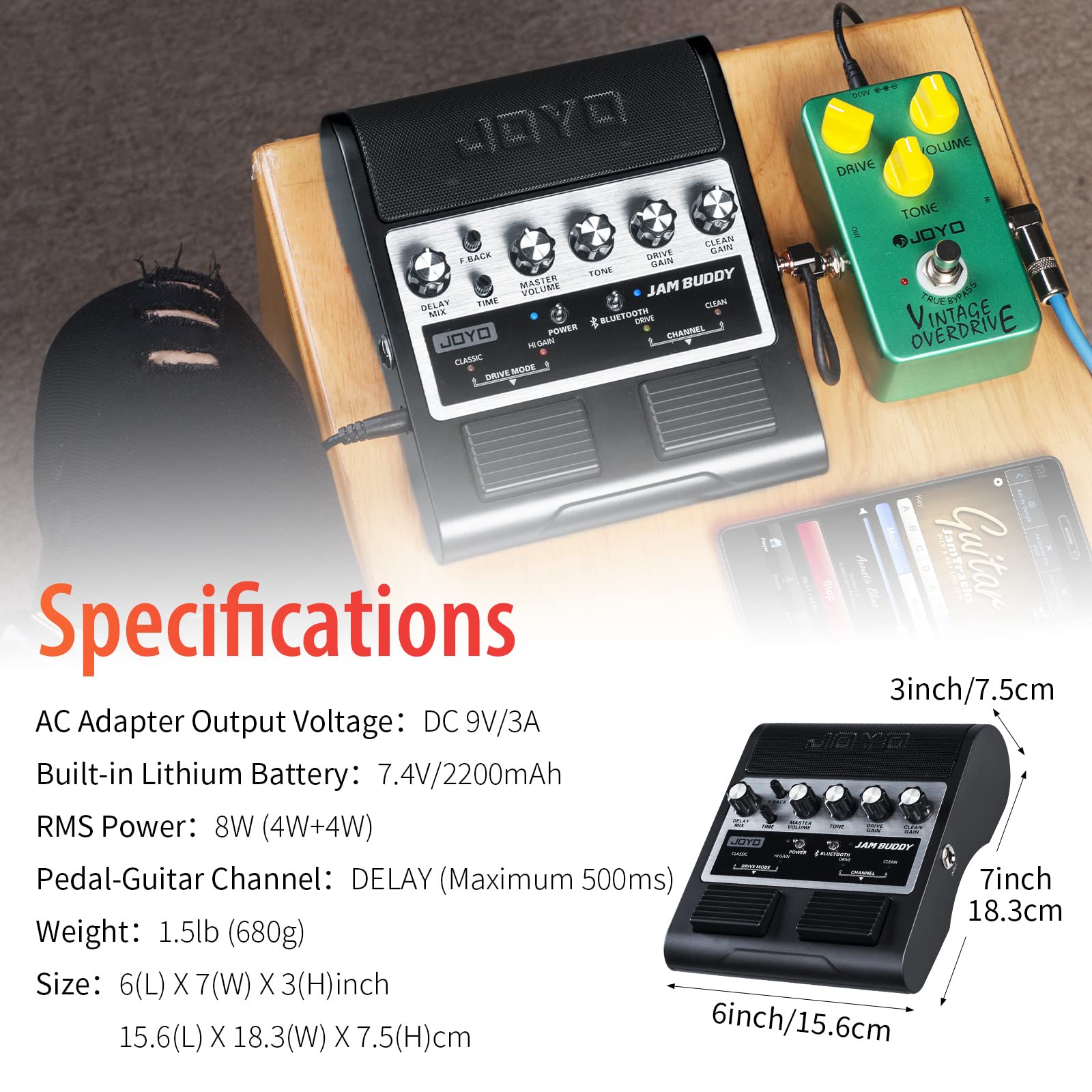 JOYO Portable Guitar Practice Amp & Pedal All-in-One Rechargeable Bluetooth Combo Guitar Amplifier with Effect & Footswitch Jam Buddy