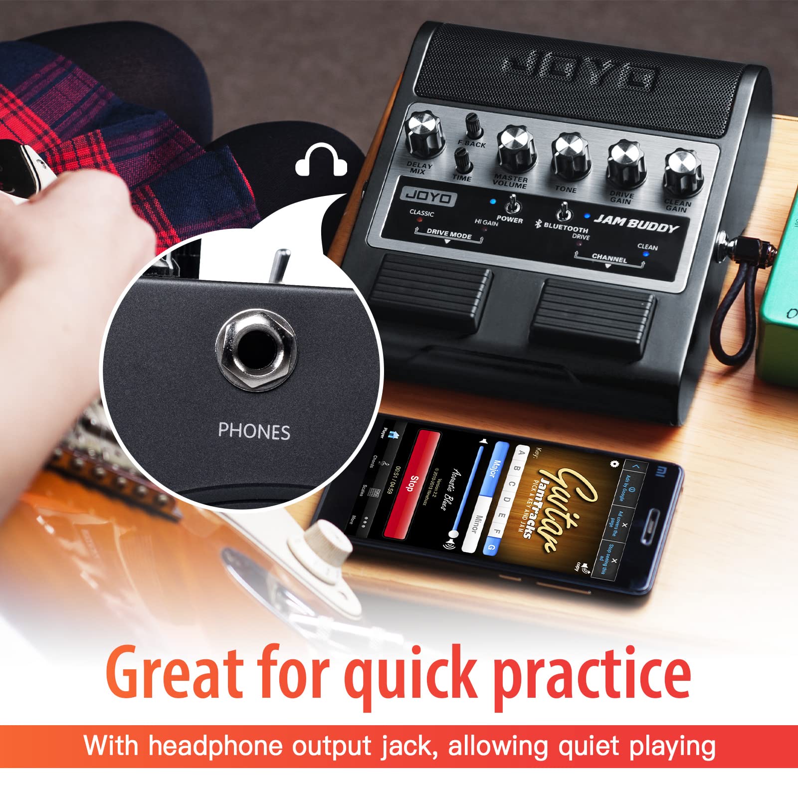 JOYO Portable Guitar Practice Amp & Pedal All-in-One Rechargeable Bluetooth Combo Guitar Amplifier with Effect & Footswitch Jam Buddy