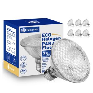 edisonpar par30 short neck halogen bulb 6 pack, par30s eco-par 75w eqv., 2900k warm white, 25° flood light dimmable, e26 medium base, cri100 120v indoor outdoor