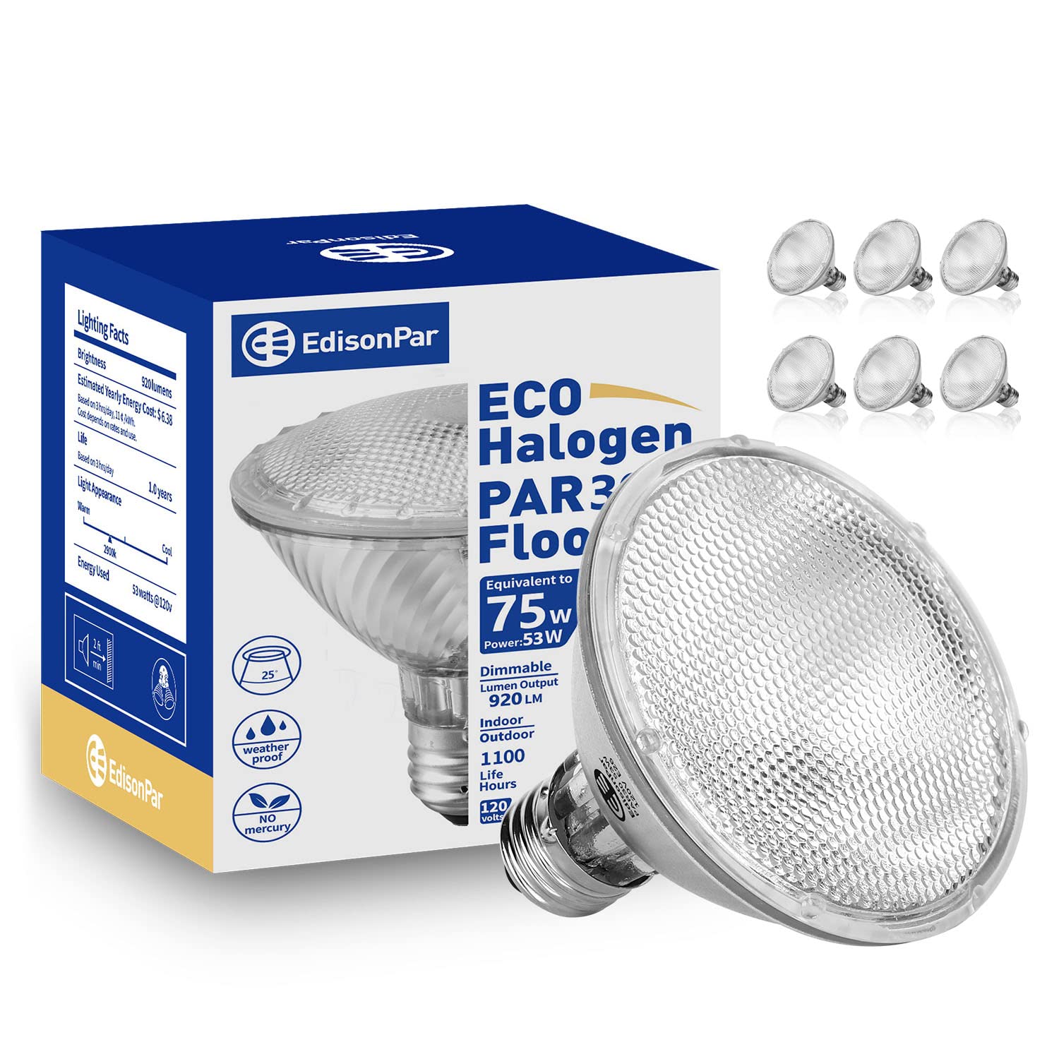 EdisonPar PAR30 Short Neck Halogen Bulb 6 Pack, PAR30S Eco-Par 75W Eqv., 2900K Warm White, 25° Flood Light Dimmable, E26 Medium Base, CRI100 120V Indoor Outdoor