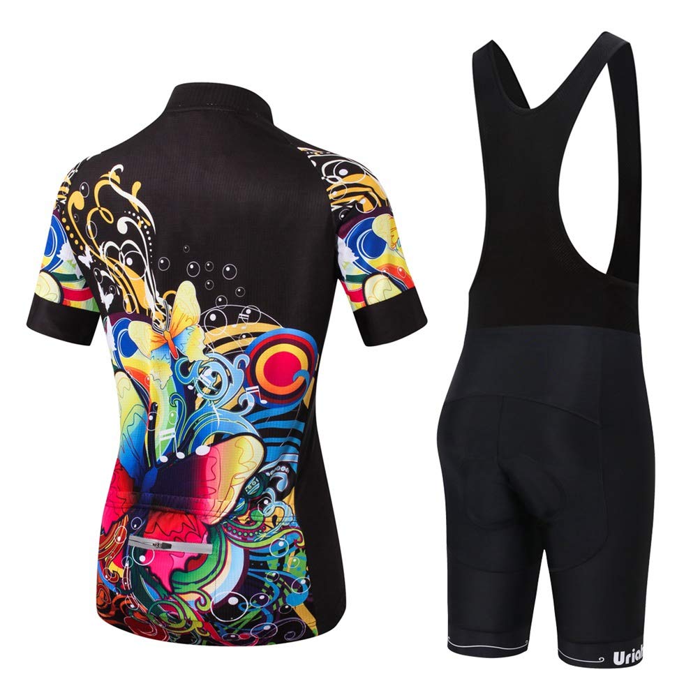 Uriah Women's Bicycle Jersey Bib Shorts Black Set Short Sleeve Reflective with Rear Zippered Bag Butterfly Flower Size M