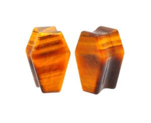 mystic metals body jewelry pair of tiger eye stone coffin shaped double flare plugs (stn-639) (0g (8mm))