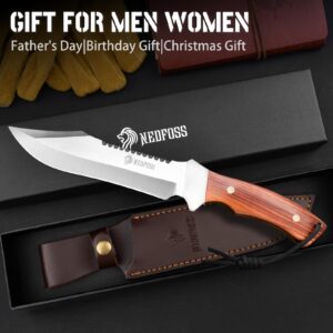 NedFoss JUNGLE KING Hunting Knife with Sheath, 13" Full Tang Knife Fixed Blade Camping Knife, 7" Large Blade Bushcraft Knife Survival Knife with Rosewood Handle, Outdoor Gifts for Men Women