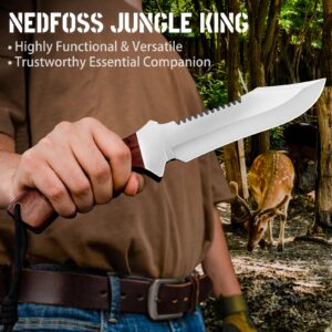 NedFoss JUNGLE KING Hunting Knife with Sheath, 13" Full Tang Knife Fixed Blade Camping Knife, 7" Large Blade Bushcraft Knife Survival Knife with Rosewood Handle, Outdoor Gifts for Men Women