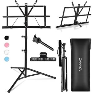 cahaya 2 in 1 dual use extra stable reinforced folding sheet music stand & desktop book stand lightweight portable adjustable with carrying bag, metal music stand with music sheet clip holder cy0204