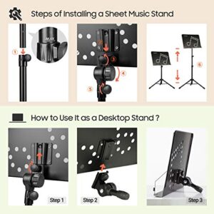 CAHAYA Portable Sheet Music Stand: 3 in 1 Dual-use Sheet Music Stand & Desktop Book Stand Adjustable 31.4–55.9 in with Book Stand Support, Carrying Bag