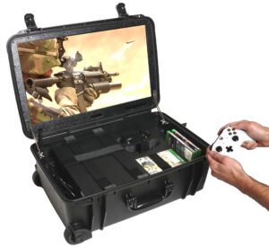 case club gaming station fits xbox one x/s. portable gaming station with built-in 24" 1080p monitor, storage for controllers, games, and included speakers (xbox & accessories not included)