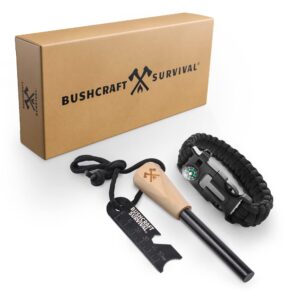 bushcraft survival ferro rod fire starter kit & backpacking multitool | flint and steel striker w/paracord bracelet compass & whistle | waterproof magnesium farrow rod tool & firestarter for campfires