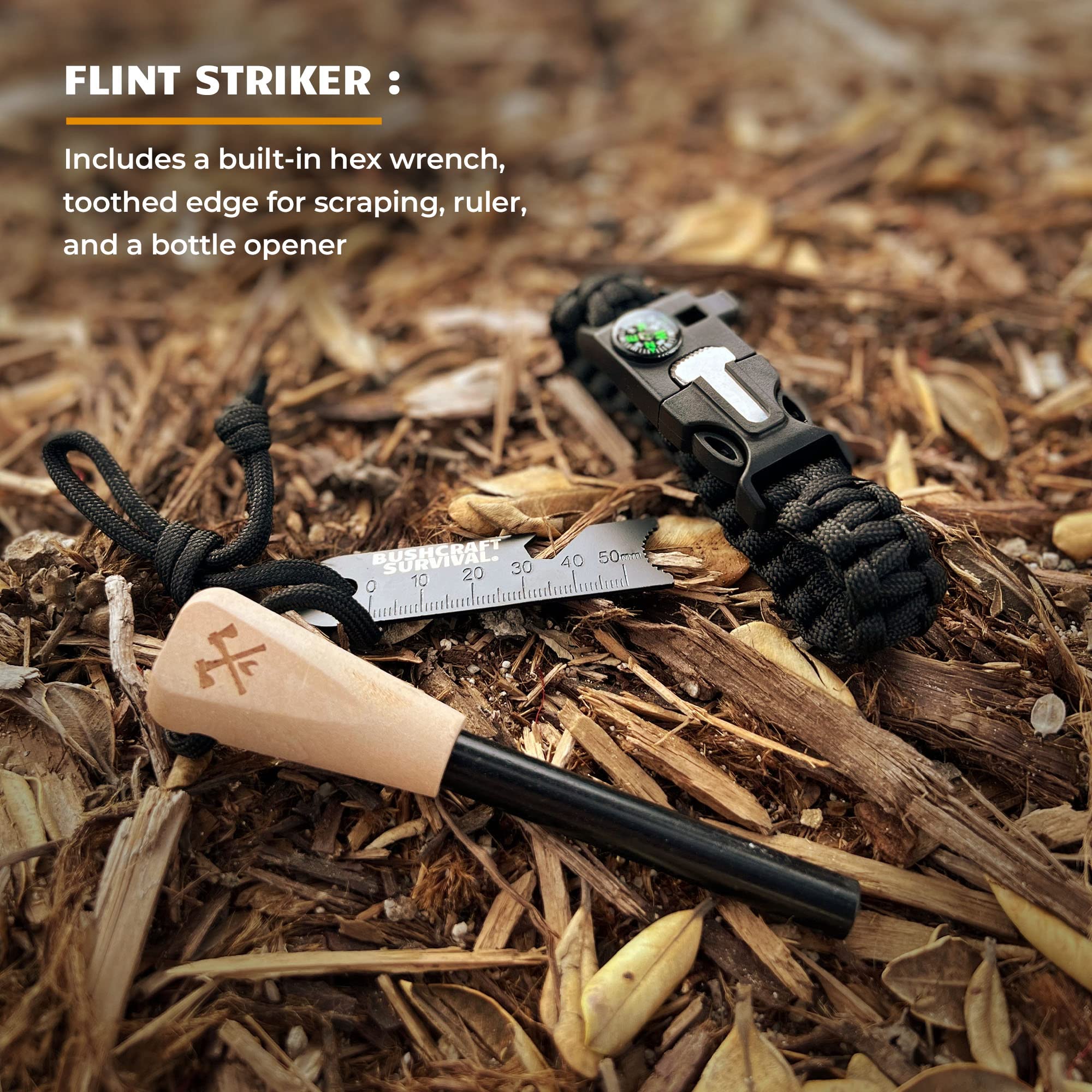 Bushcraft Survival Ferro Rod Fire Starter Kit & Backpacking Multitool | Flint and Steel Striker w/Paracord Bracelet Compass & Whistle | Waterproof Magnesium Farrow Rod Tool & Firestarter for Campfires