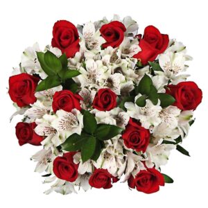 red and white flower bouquet- roses and alstroemerias with greens- fresh flower arrangement