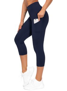 the gym people thick high waist capris yoga pants with pockets, tummy control workout running yoga leggings for women navy blue