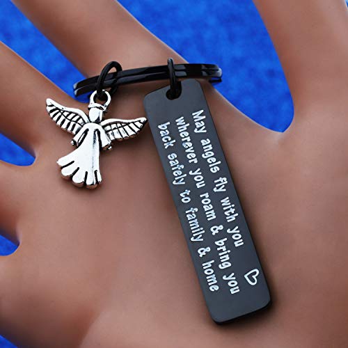 WUSUANED Traveller Keychain Gift May Angels Fly With You Wherever You Roam Bring You Back Safely To Family And Home (angels fly with you keychain black)