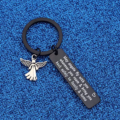 WUSUANED Traveller Keychain Gift May Angels Fly With You Wherever You Roam Bring You Back Safely To Family And Home (angels fly with you keychain black)