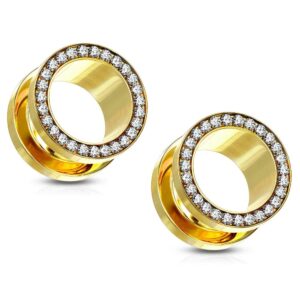 stainless steel cz crystal lined rim screw fit tunnel plug gauges, sold as pair (gold tone, 19mm (3/4"))