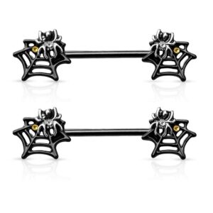 pierced owl 14g stainless steel cz crystal black spider web nipple barbells, sold as a pair