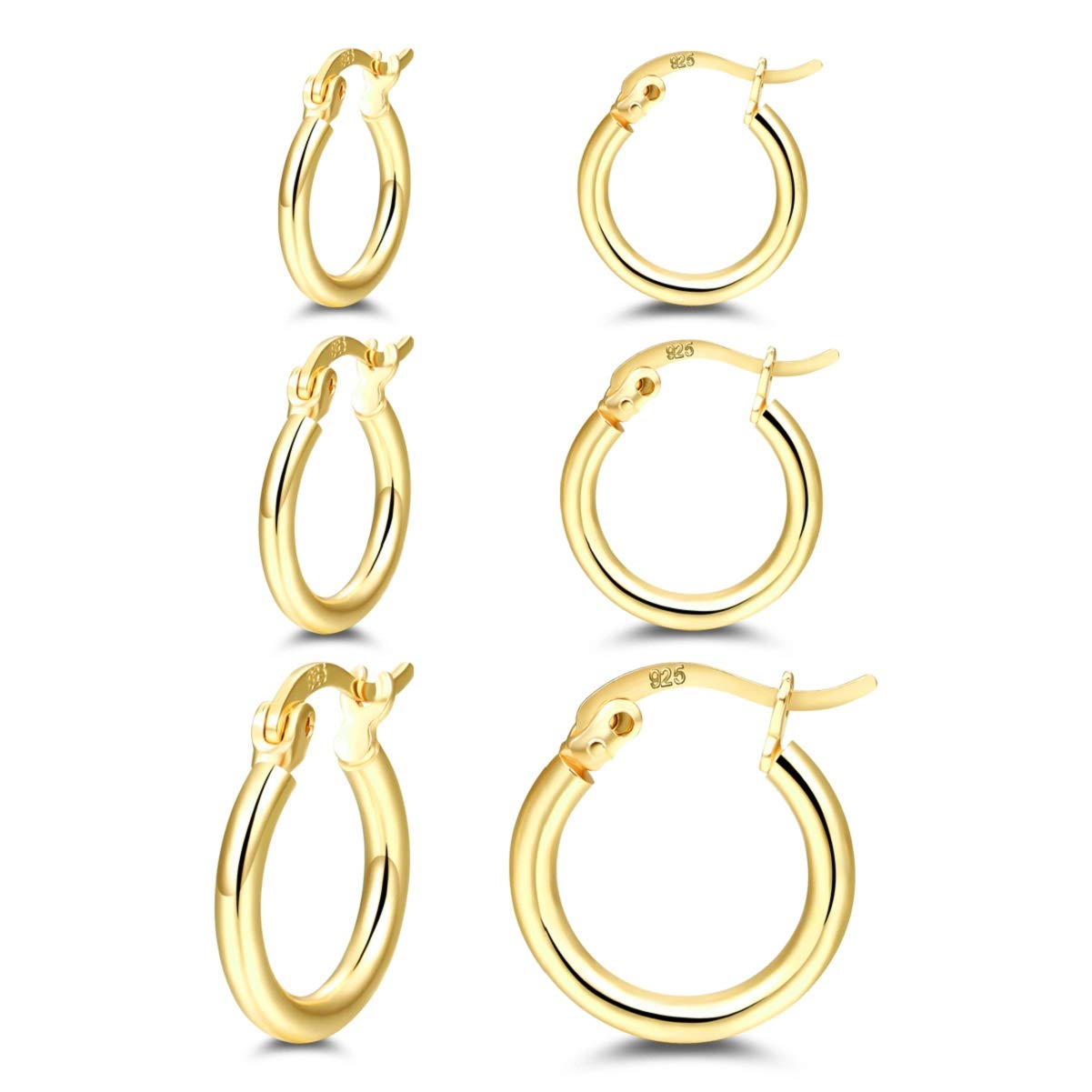 14K Gold Plated Hoop Earrings - 3 Pairs Sterling Silver Small Hoops| Gold Hoop Earrings Sets for Women Men (13mm 15mm 20mm)