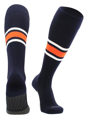 MadSportsStuff Dugout Striped Baseball Socks Pattern E (Navy/Orange/White, Medium)