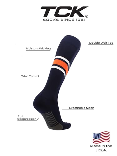 MadSportsStuff Dugout Striped Baseball Socks Pattern E (Navy/Orange/White, Medium)