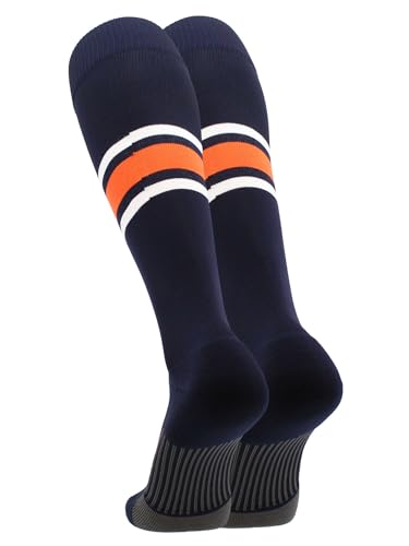 MadSportsStuff Dugout Striped Baseball Socks Pattern E (Navy/Orange/White, Medium)