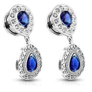 pierced owl stainless steel blue cz crystal paved tear drop filigree dangling plug gauges, sold as pair (8mm (0ga))