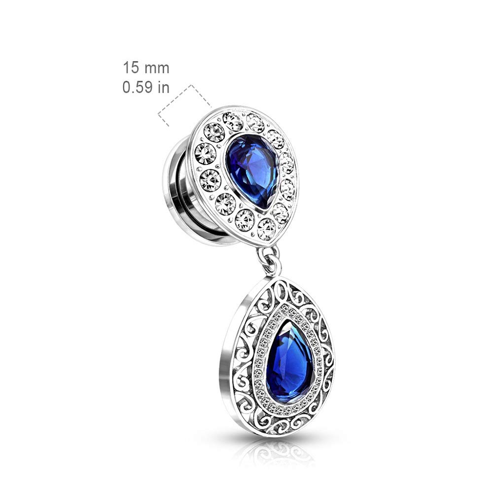 Pierced Owl Stainless Steel Blue CZ Crystal Paved Tear Drop Filigree Dangling Plug Gauges, Sold As Pair (8mm (0GA))