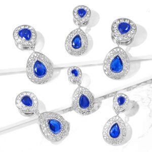 Pierced Owl Stainless Steel Blue CZ Crystal Paved Tear Drop Filigree Dangling Plug Gauges, Sold As Pair (8mm (0GA))