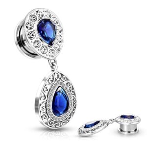 Pierced Owl Stainless Steel Blue CZ Crystal Paved Tear Drop Filigree Dangling Plug Gauges, Sold As Pair (8mm (0GA))