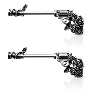 pierced owl 14g stainless steel rose pistol gun nipple barbells, sold as a pair (silver tone)