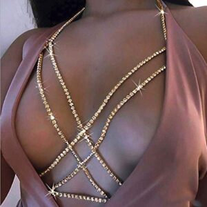 graeen rhinestone bra body chains crystal chest chain cross bra chain gold body jewelry for women (gold)