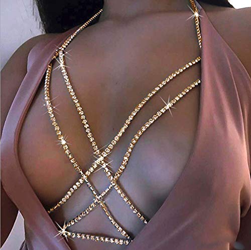 Graeen Rhinestone Bra Body Chains Crystal Chest Chain Cross Bra Chain Gold Body Jewelry for Women (Gold)