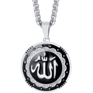 jude jewelers stainless steel round shape muslim islamic religious pendant necklace (silver)