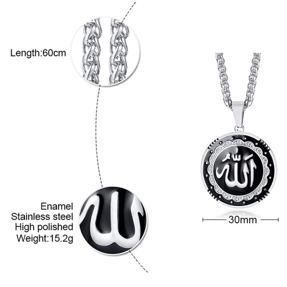 Jude Jewelers Stainless Steel Round Shape Muslim Islamic Religious Pendant Necklace (Silver)