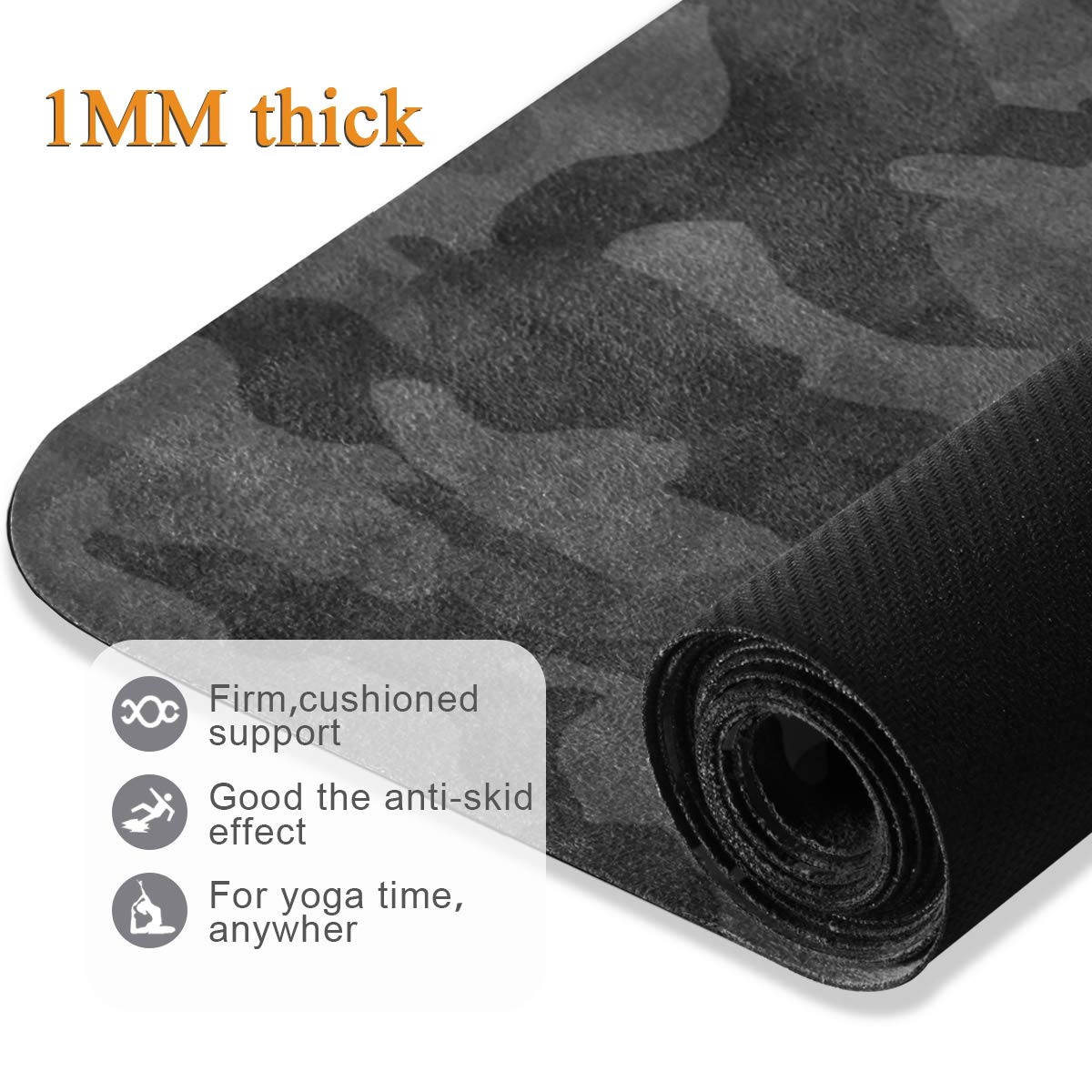 Qilmy Black Camouflage Yoga Mat Non Slip Hot Yoga Mat, Yoga Towel & Mat 2in1 Lightweight & Optimal Cushioning 71"x 26" Thickness 1mm