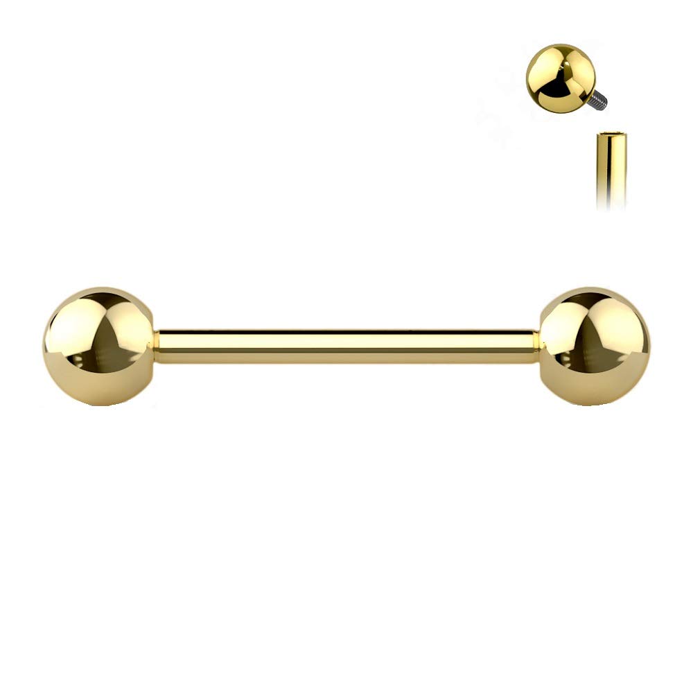 14G G23 Implant Grade Solid Titanium PVD Plated Internally Threaded Nipple Barbells, Sold as a Pair (Gold Tone, 16mm (5/8"))