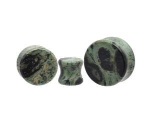 mystic metals body jewelry pair of green eye jasper stone double flare plugs (stn-641) (7/8" (22mm))