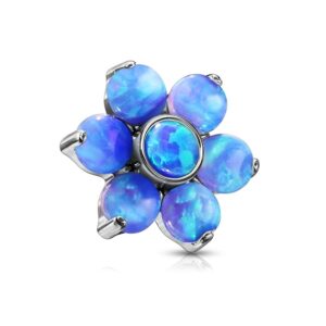 pierced owl 14-16g stainless steel synthetic opal flower internally threaded dermal anchor top (blue, 14ga (1.6mm))