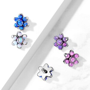 Pierced Owl 14-16G Stainless Steel Synthetic Opal Flower Internally Threaded Dermal Anchor Top (Blue, 14GA (1.6mm))