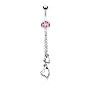 pierced owl 14g stainless steel cz crystal two heart chain dangling belly button ring (pink)