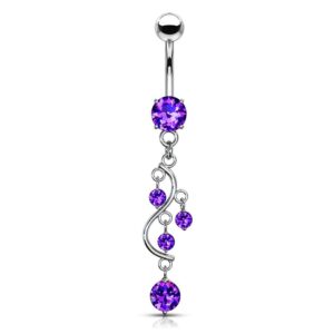 pierced owl 14g stainless steel cascading cz crystal vine dangling belly button ring (purple)