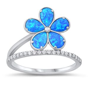 closeoutwarehouse blue simulated opal clear cubic zirconia plumeria flower ring sterling silver size 6